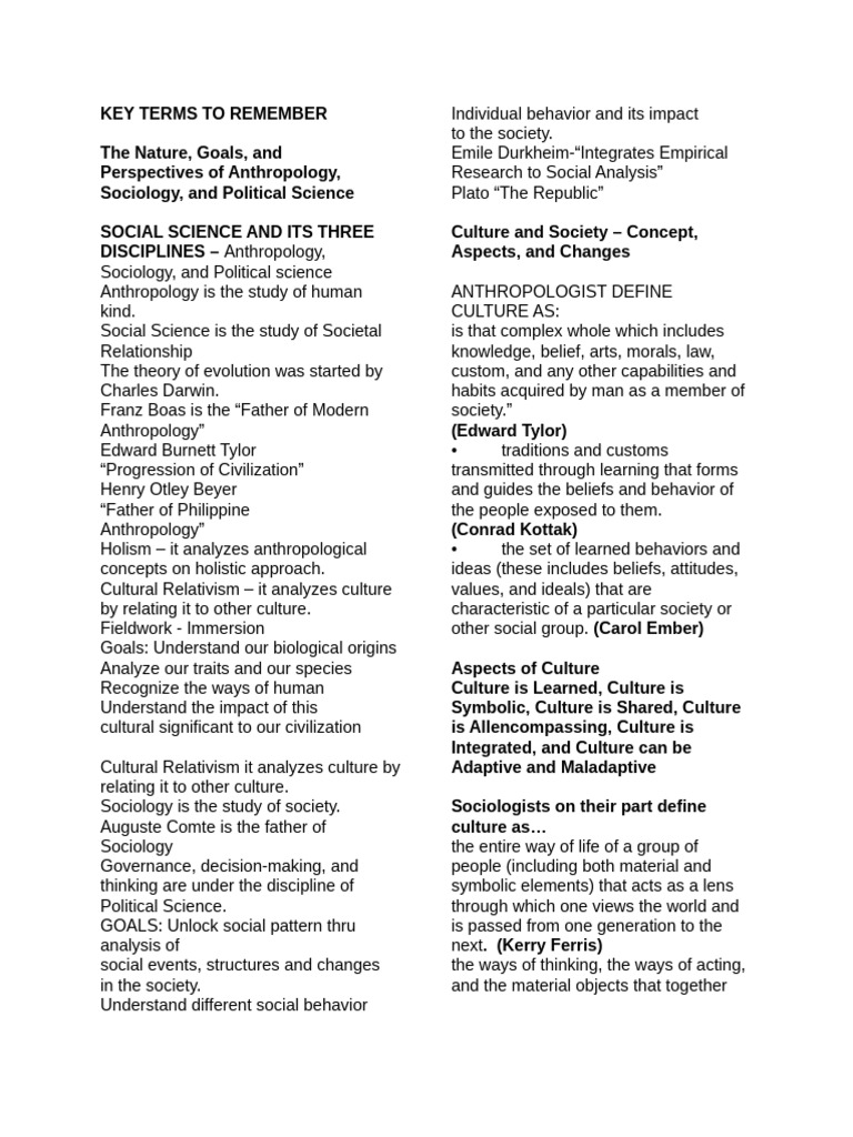 Key Terms To Remember Ucsp 1ST | PDF | Anthropology | Society