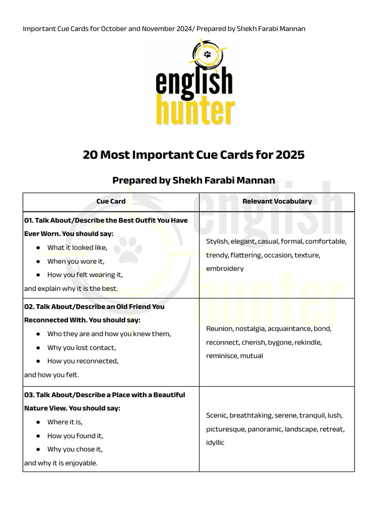 Key IELTS Cue Cards for 2025 | PDF