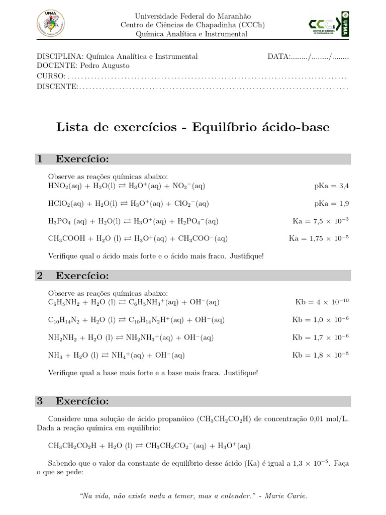 Qumica Analtica Lista de Exerccios Equilbrio Cido e Base | PDF | Ph | Substancias químicas