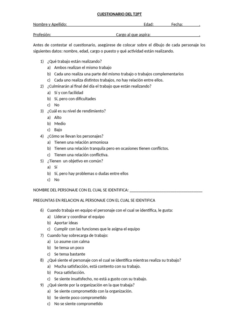 CUESTIONARIO DEL T2PT | PDF