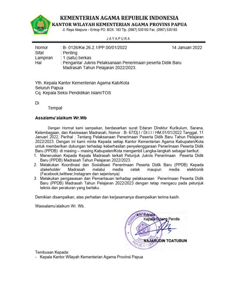 Surat Pengantar Juknis PPDB TP 2022-2023 | PDF