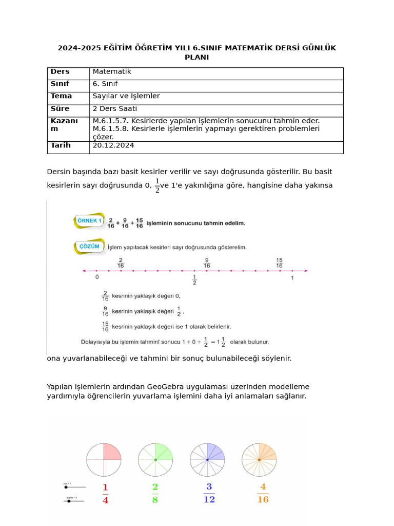 6.sınıf Kesirlerde Sonucu Tahmin Ve Problemler Ders Planı | PDF