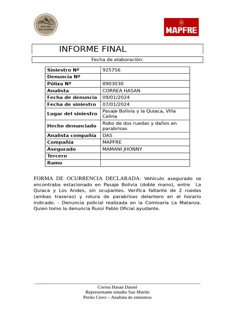 Modelo Informe Final Definitivo Mapfre | PDF