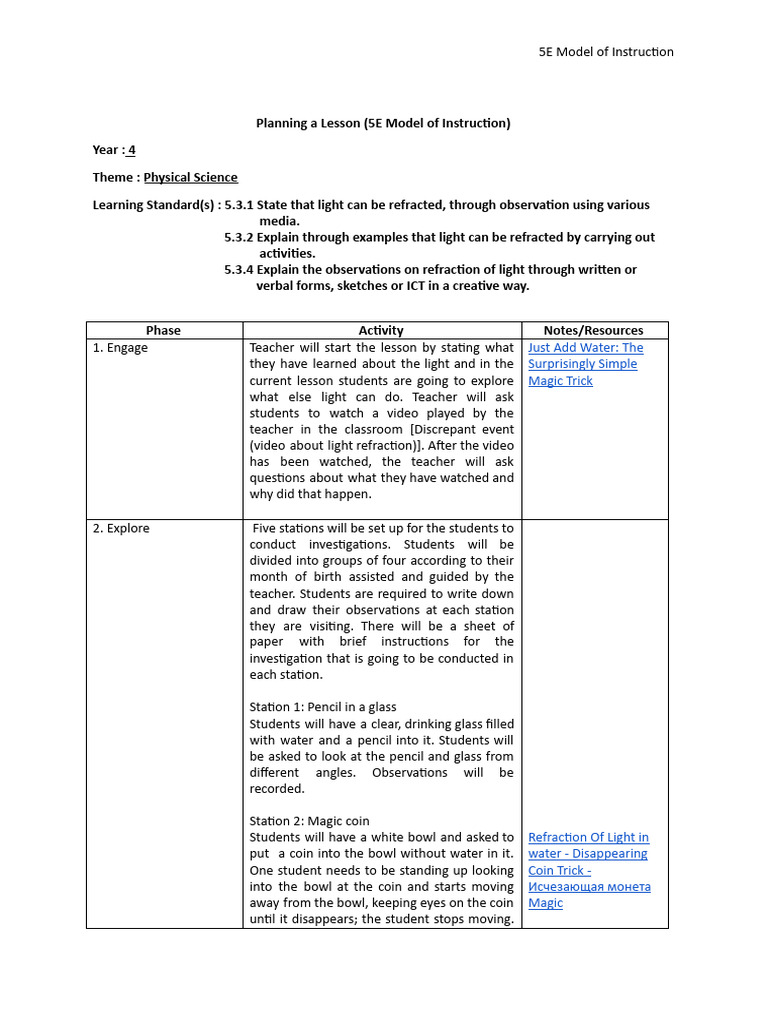 Planning A Lesson | PDF | Refraction | Learning