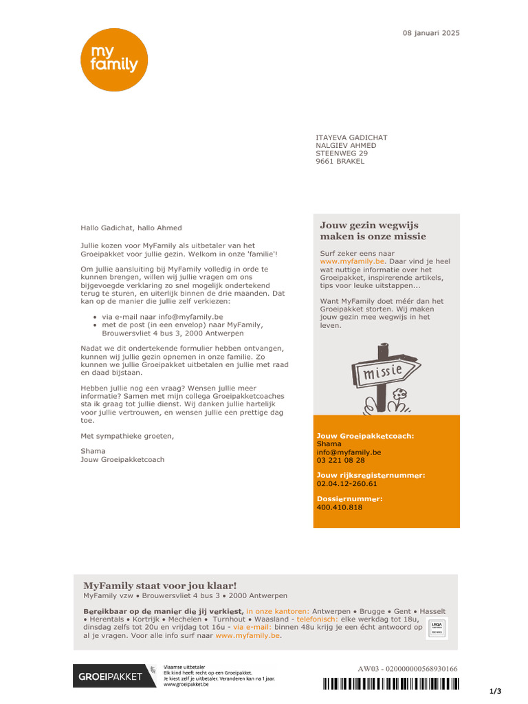 AW03 - Formulier - Bevestig Jouw Keuze Voor MyFamily - Aansluitingsformulier | PDF