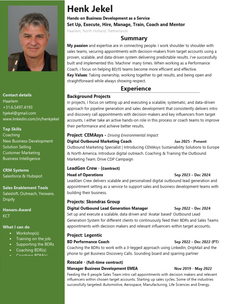 Resume Henk Jekel January 2025 | PDF | Sales | Marketing