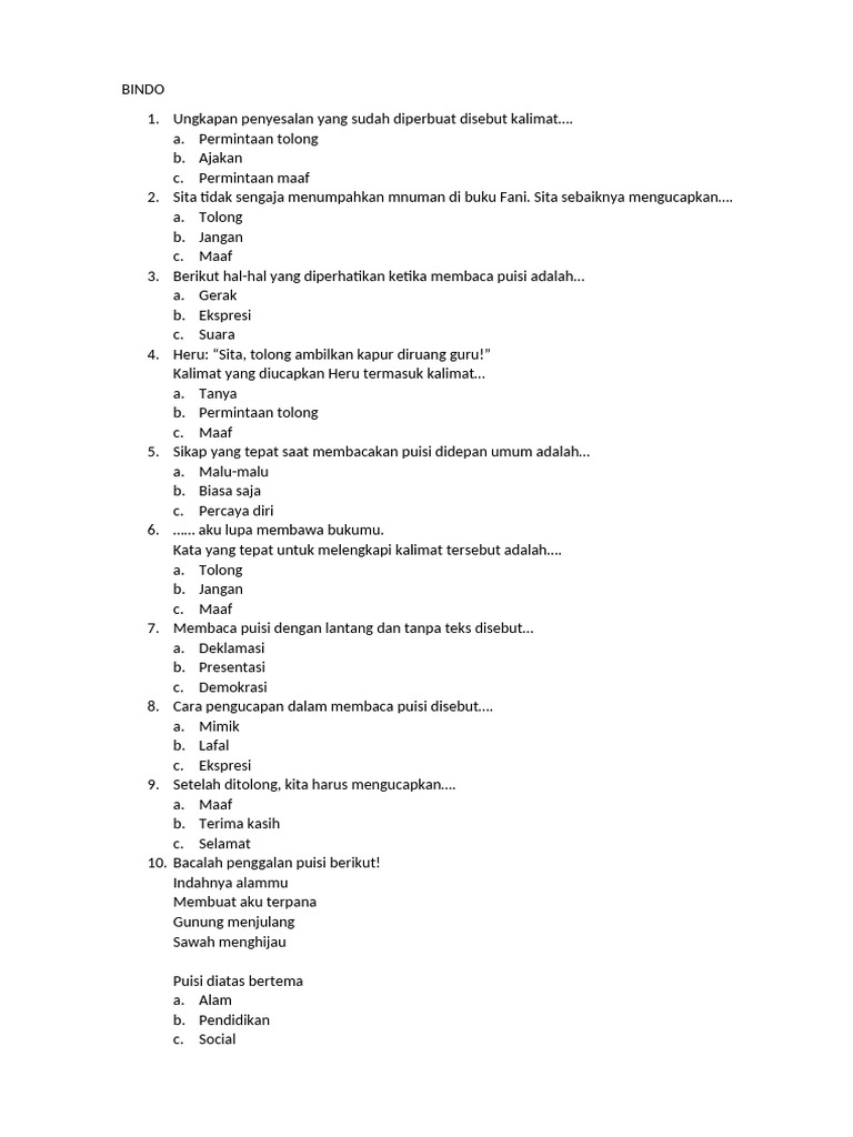 SOAL PTS Bindo Genap Kelas 2 2022-2023 Bu Lita | PDF
