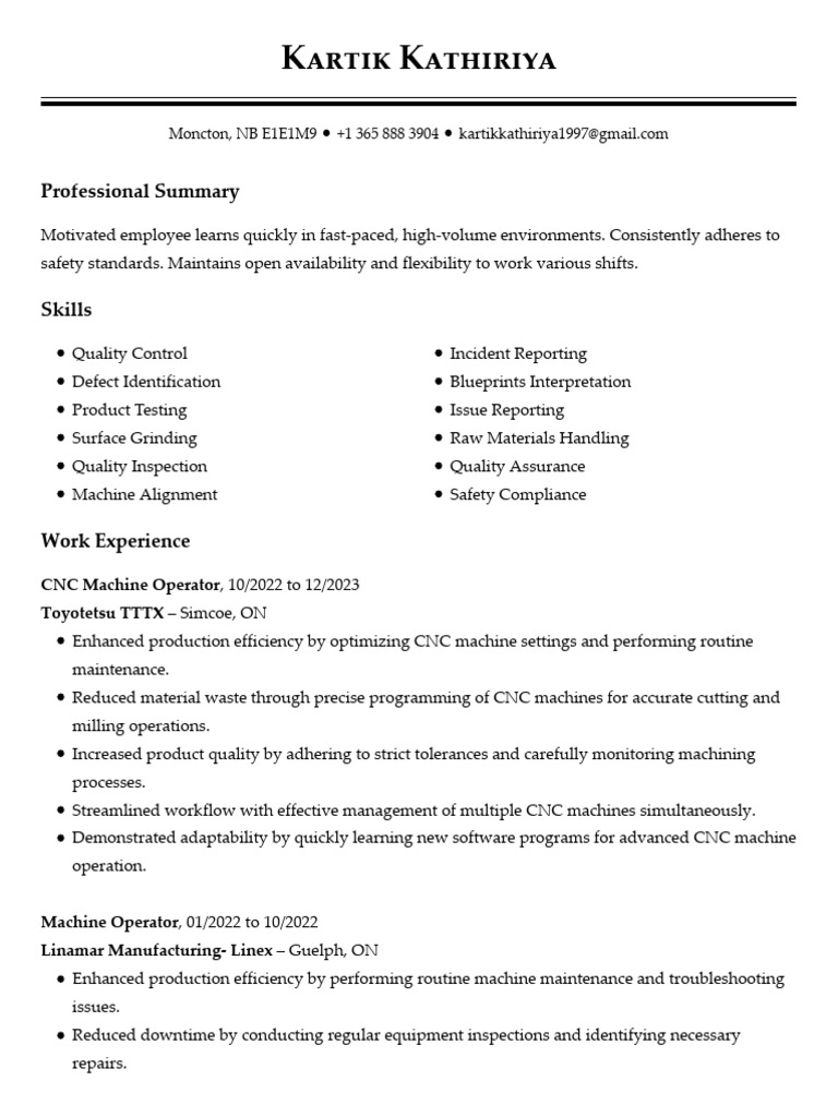 Kartik Kathiriya Resume MachineOperator | PDF | Machine Learning | Numerical Control