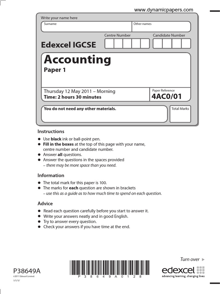 Edexcel IGCSE Accounting Exam Paper | PDF | Debits And Credits | Business