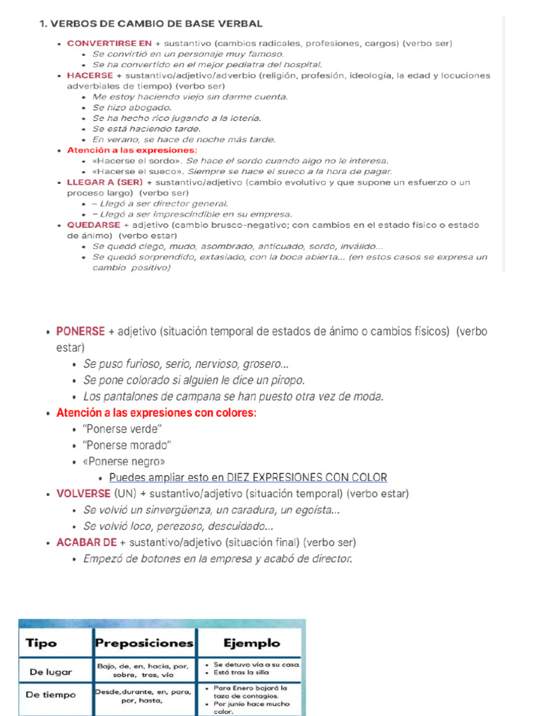 RESUMEN Verbos de Cambio y preposiciones | PDF