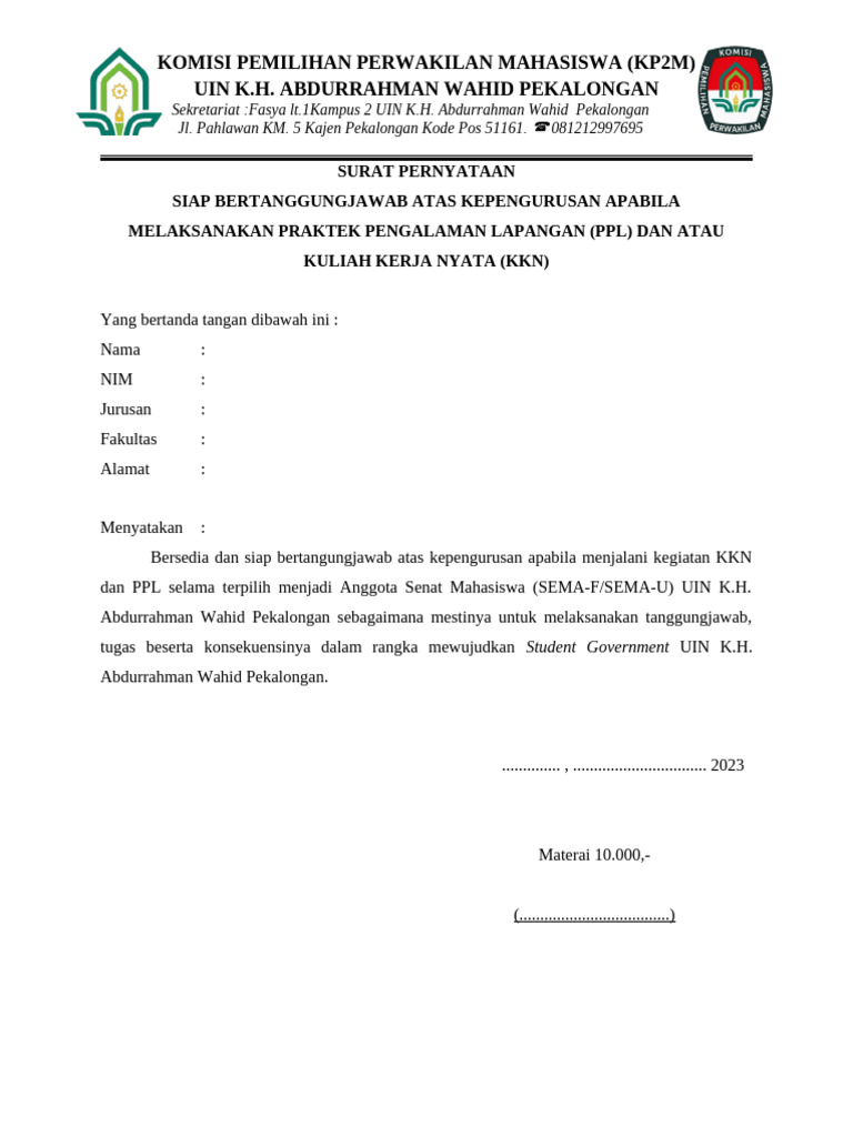 Surat Pernyataan Siap Bertanggung Jawab Atas Kepengurusan Apabila ...