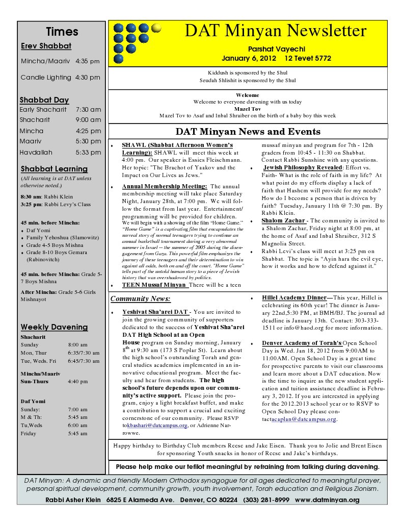 DAT Minyan Newsletter: Times | PDF | Jewish Prayer | Haredi Judaism