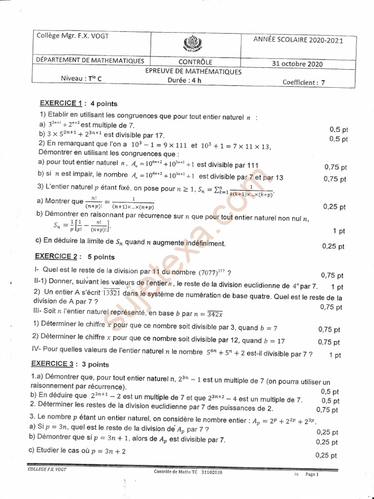 Mathématiques - Collège Vogt - Terminale C - Controle Cameroun | PDF