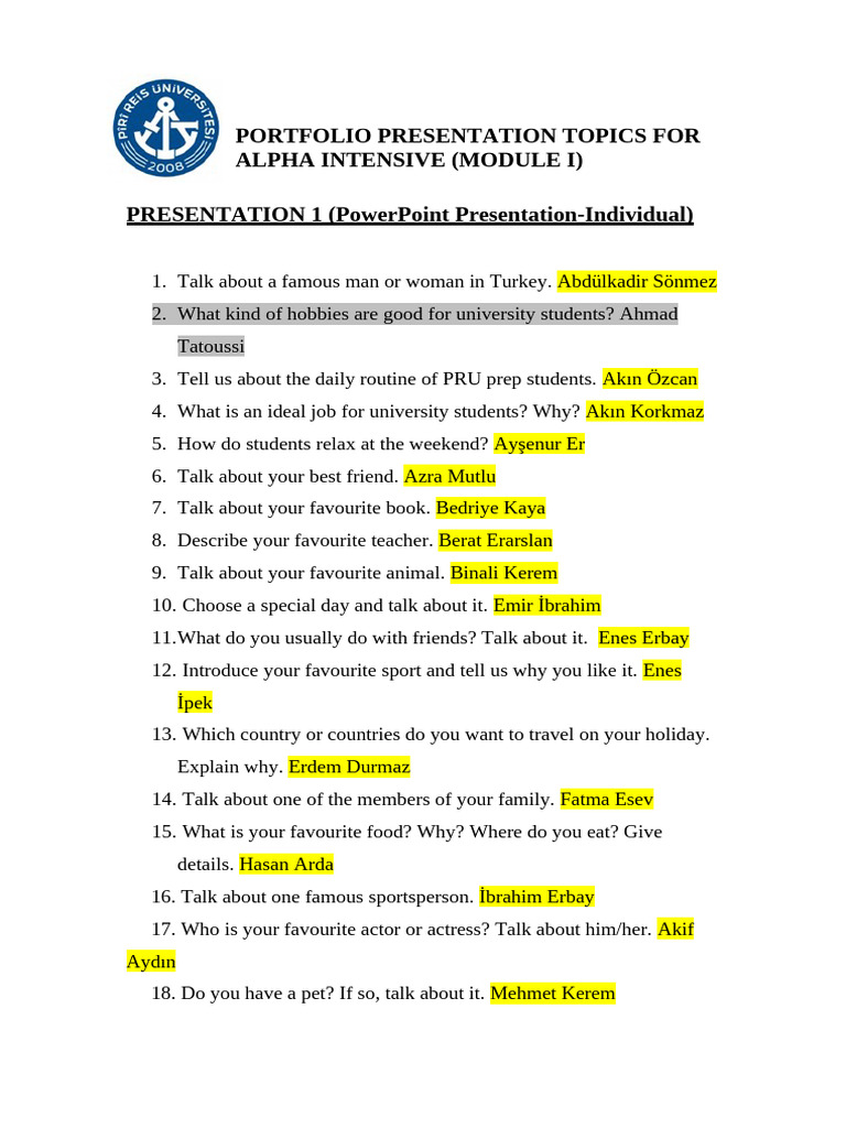 Portfolio Presentation Topics for Students | PDF