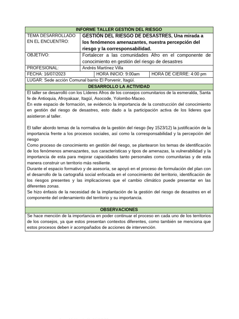 Informe Taller GRD Afrobiocultural Itagui | PDF