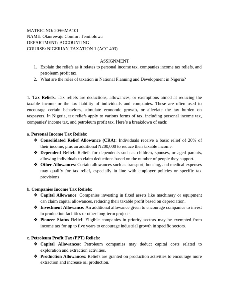 20 66MA101 Olanrewaju Comfort Temiloluwa | PDF | Taxes | Tax Exemption