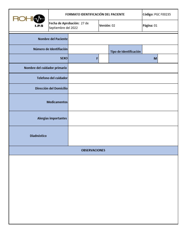 Formato de Identificación del Paciente | PDF