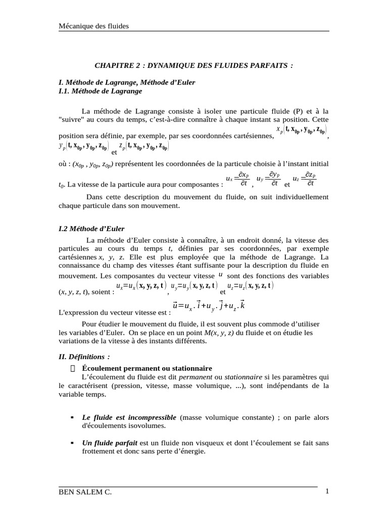 Dynamique des fluides parfaits : Lagrange et Euler | PDF | Pression ...