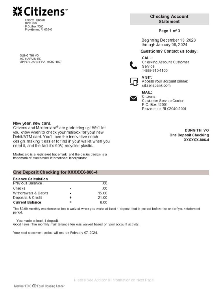 Citizens Bank Checking Account Update | PDF | Credit Card | Overdraft