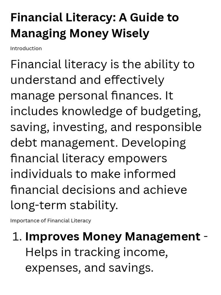 Financial Literacy: Manage Money Wisely | PDF