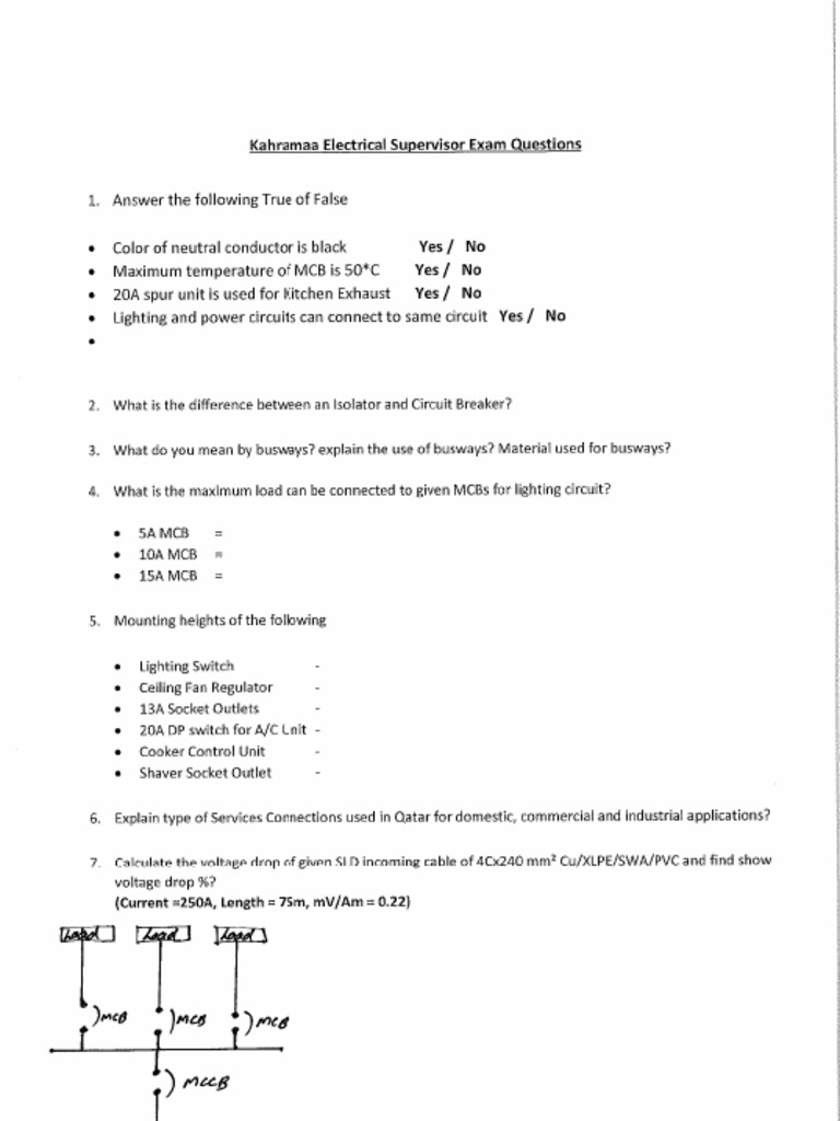 Kahramaa Electrical Supervisor Exam Questions | PDF