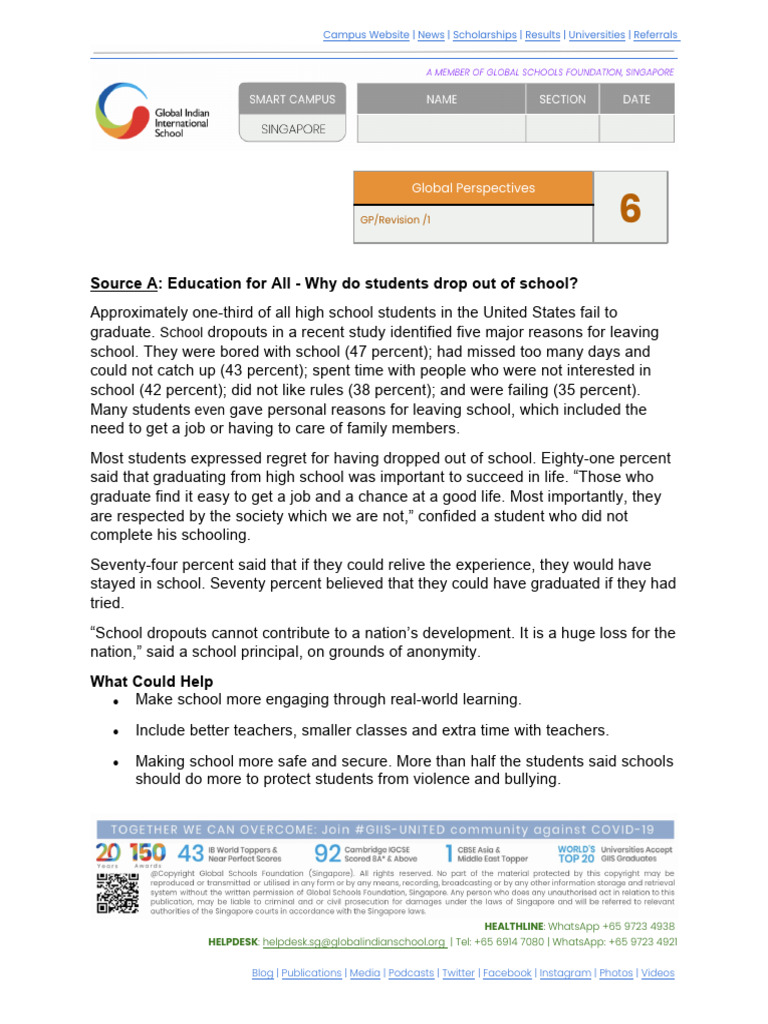 Reasons for School Dropouts and Solutions | PDF