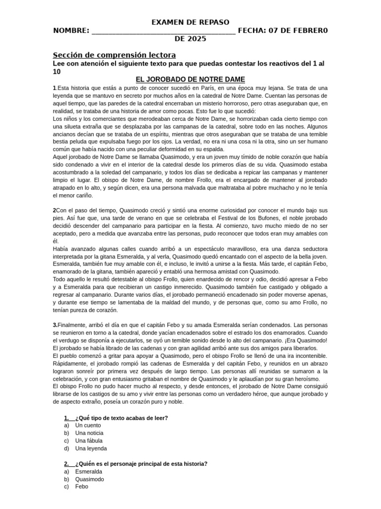 Examen de Repaso 3 | PDF | Esméralda (El jorobado de Notre Dame) | Cuasimodo