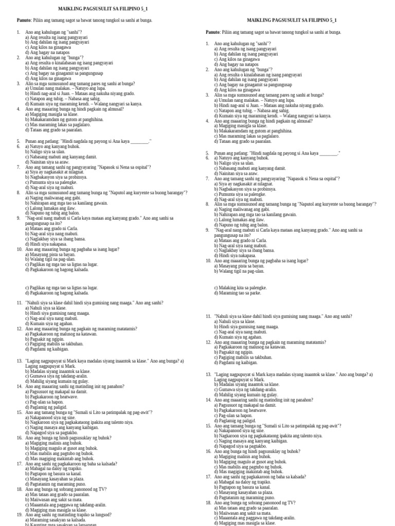 MAIKLING PAGSUSULIT SA FILIPINO 5 | PDF