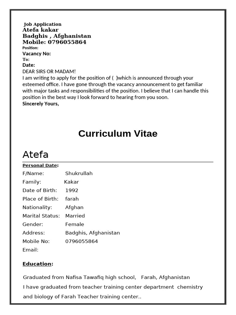 Job Application of Atefa Rahimi | PDF