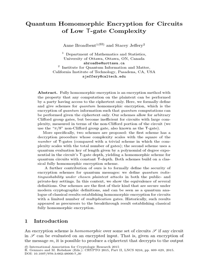2015-quantum homomorphic encryption for circuits of low T-gate complexity | PDF | Encryption ...