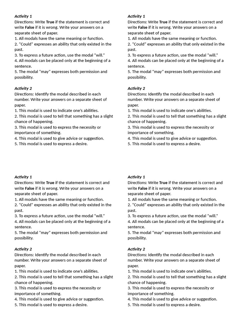 Q1-English 6-Modals-Activity Quiz | PDF