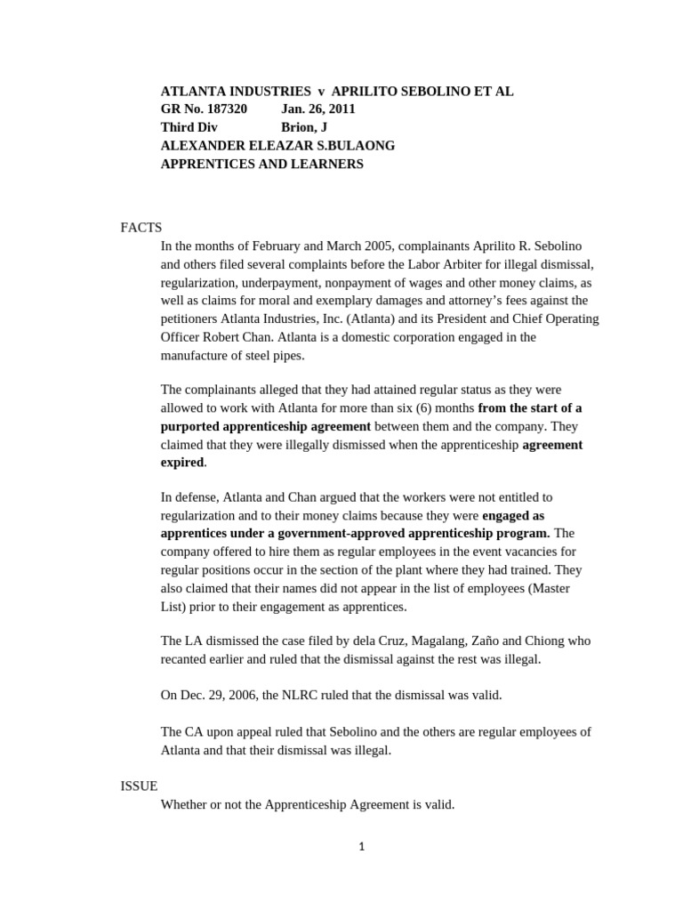 ATLANTA INDUSTRIES V APRILITO SEBOLINO ET AL | PDF | Employment ...