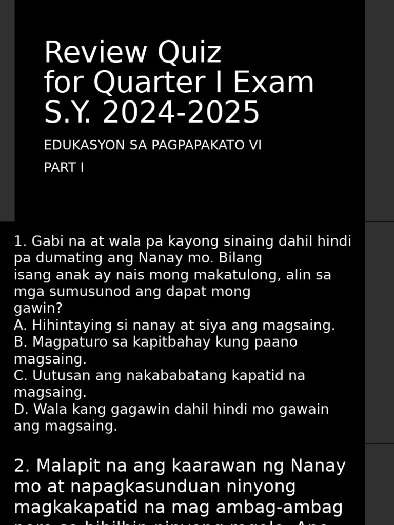 Q1-ESP 6-Review Quiz-Pt 1 | PDF