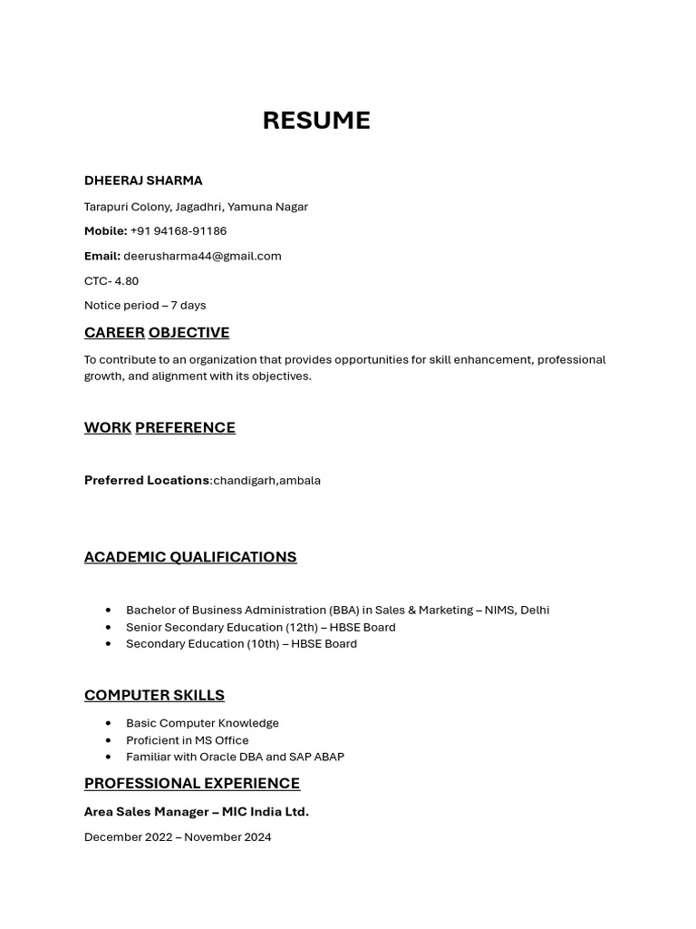 I Am Sharing 'Resume Dheeraj Sharma-2' With You | PDF