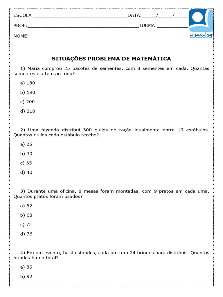 Situacoes Problema de Multiplicacao e Divisao 3 e 4 Ano para Imprimir | PDF