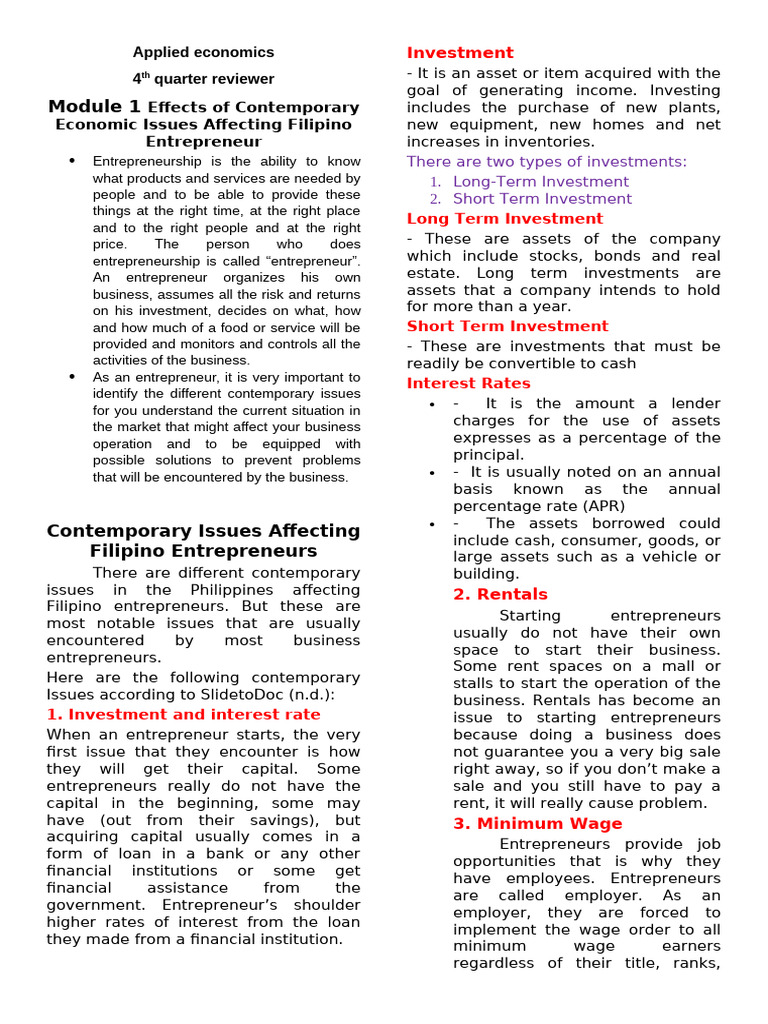 Applied Economics and Business Ethics Reviewer | PDF | Taxes | Swot Analysis