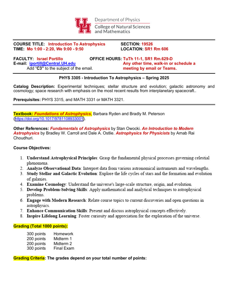 Phys3305 Syllabus C3 S25 Portillo | PDF | Astrophysics | Astronomy