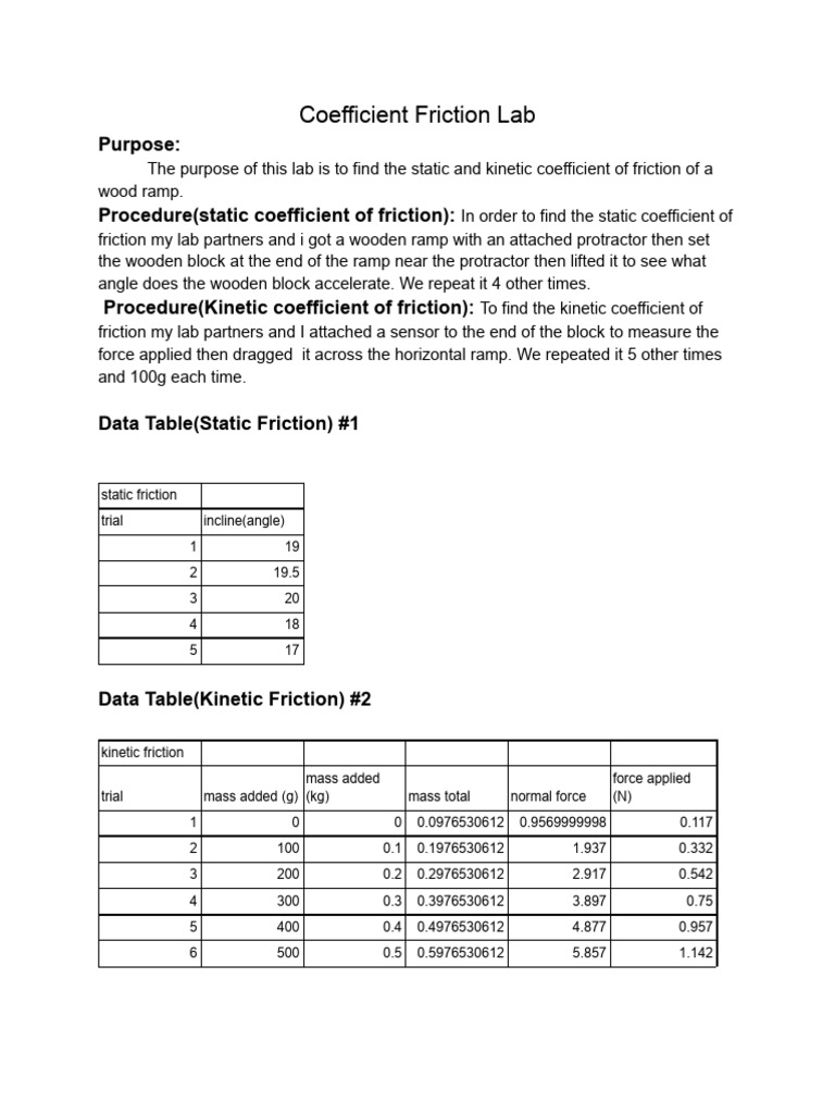 Coefficient Friction Lab | PDF | Friction | Force