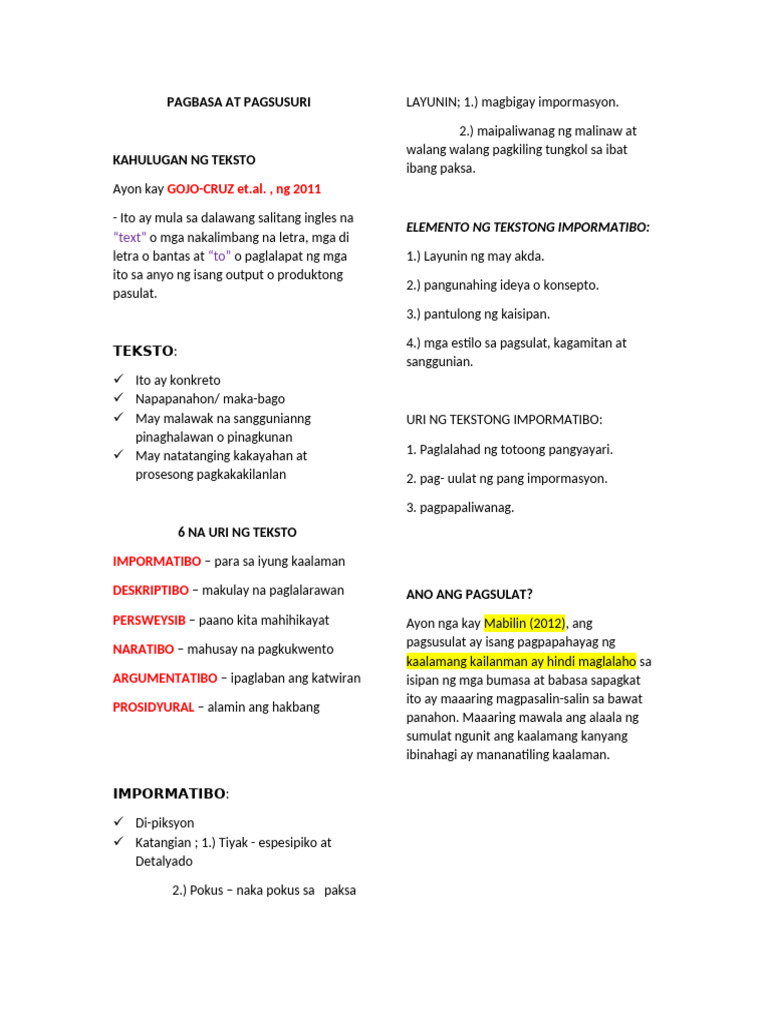 Pagbasa-At-Pagsusuri-Notes-2023-1 2 | PDF