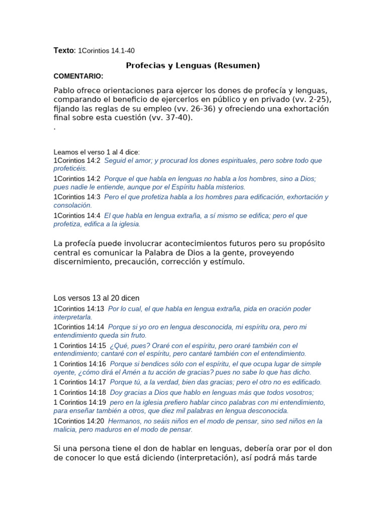 MATUTINO 1corintios 14 RESUMEN | PDF | Primera epístola a los corintios | Profecía