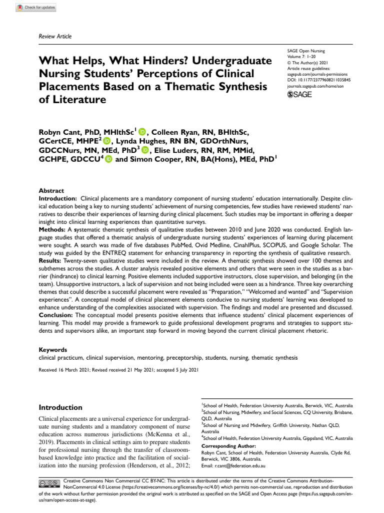 Cant Et Al 2021 What Helps What Hinders Undergraduate Nursing Students Perceptions of Clinical ...
