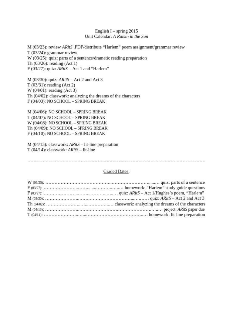 A Raisin in The Sun - 2014-2015 - Handout - Unit Calendar | PDF