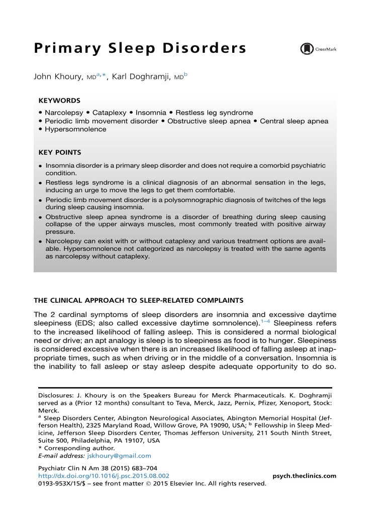 Primary Sleep Disorders | PDF | Insomnia | Sleep