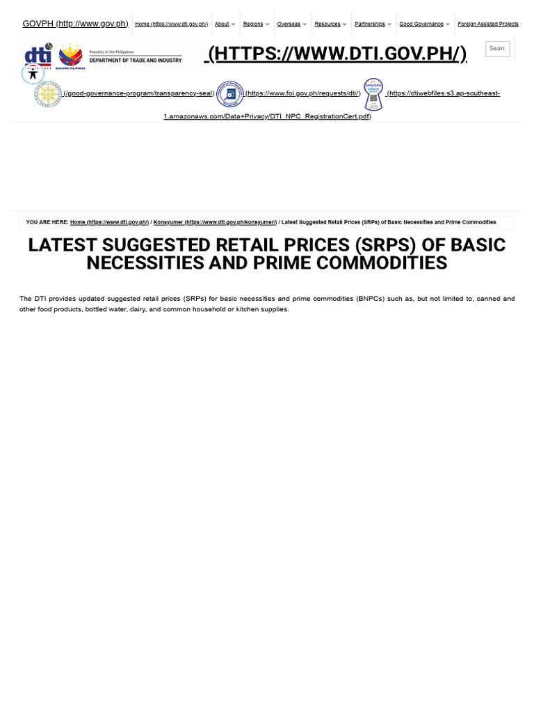 Latest Suggested Retail Prices (SRPS) of Basic Necessities and Prime ...