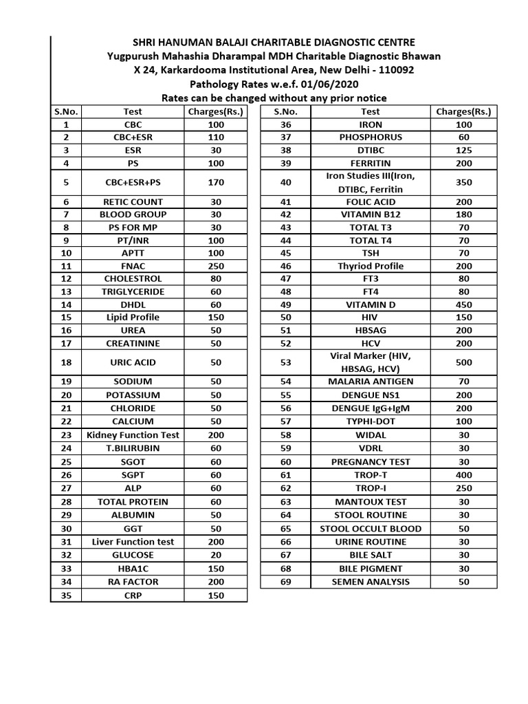 Diagnostic Test Price List | PDF | Clinical Medicine | Medical Specialties