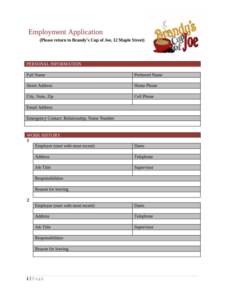 Coffee Shop Employment Application | PDF | Workweek And Weekend | Business