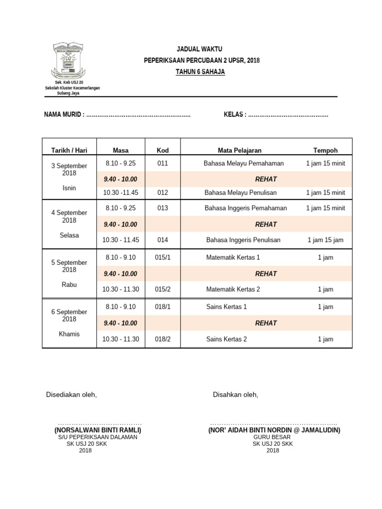 JADUAL PEPERIKSAAN THN 6 Percubaan 2 | PDF