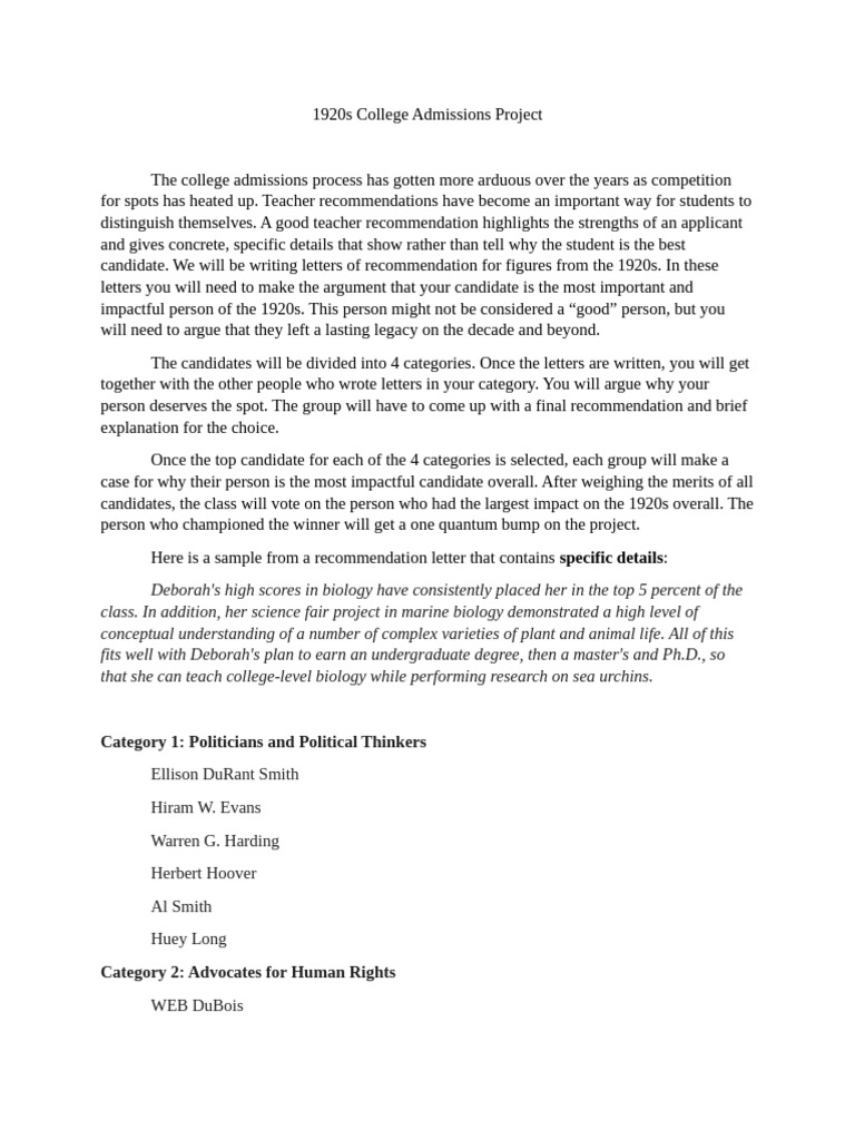 1920s College Admissions Project Final | PDF