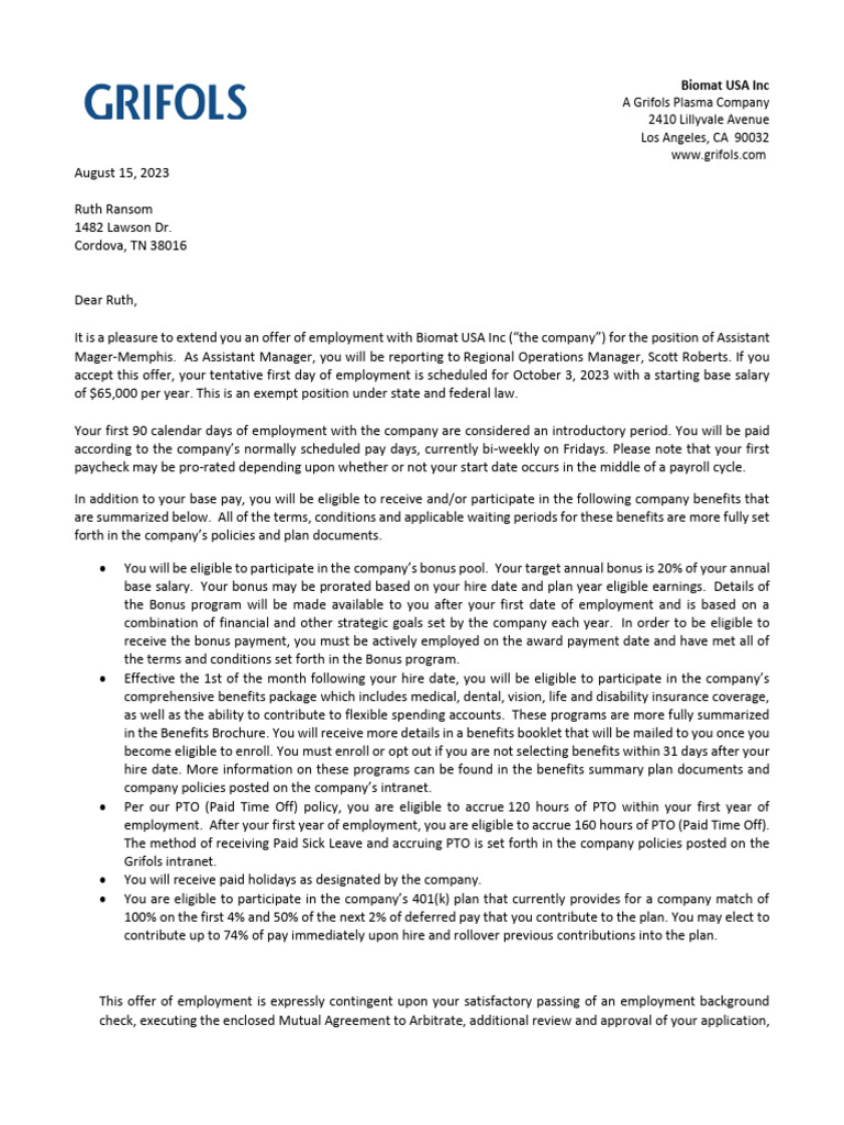 Offer Agreement Between Grifols & Ruth Ransom - Encrypted | PDF ...