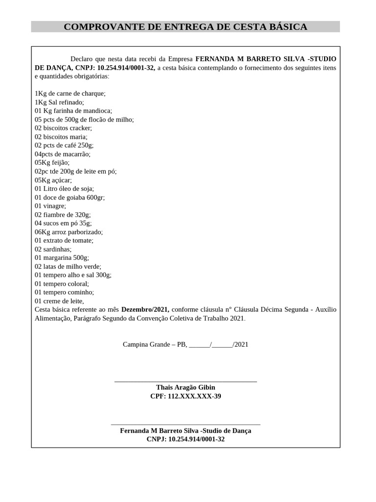 Recibo de Entrega de Cesta Básica | PDF